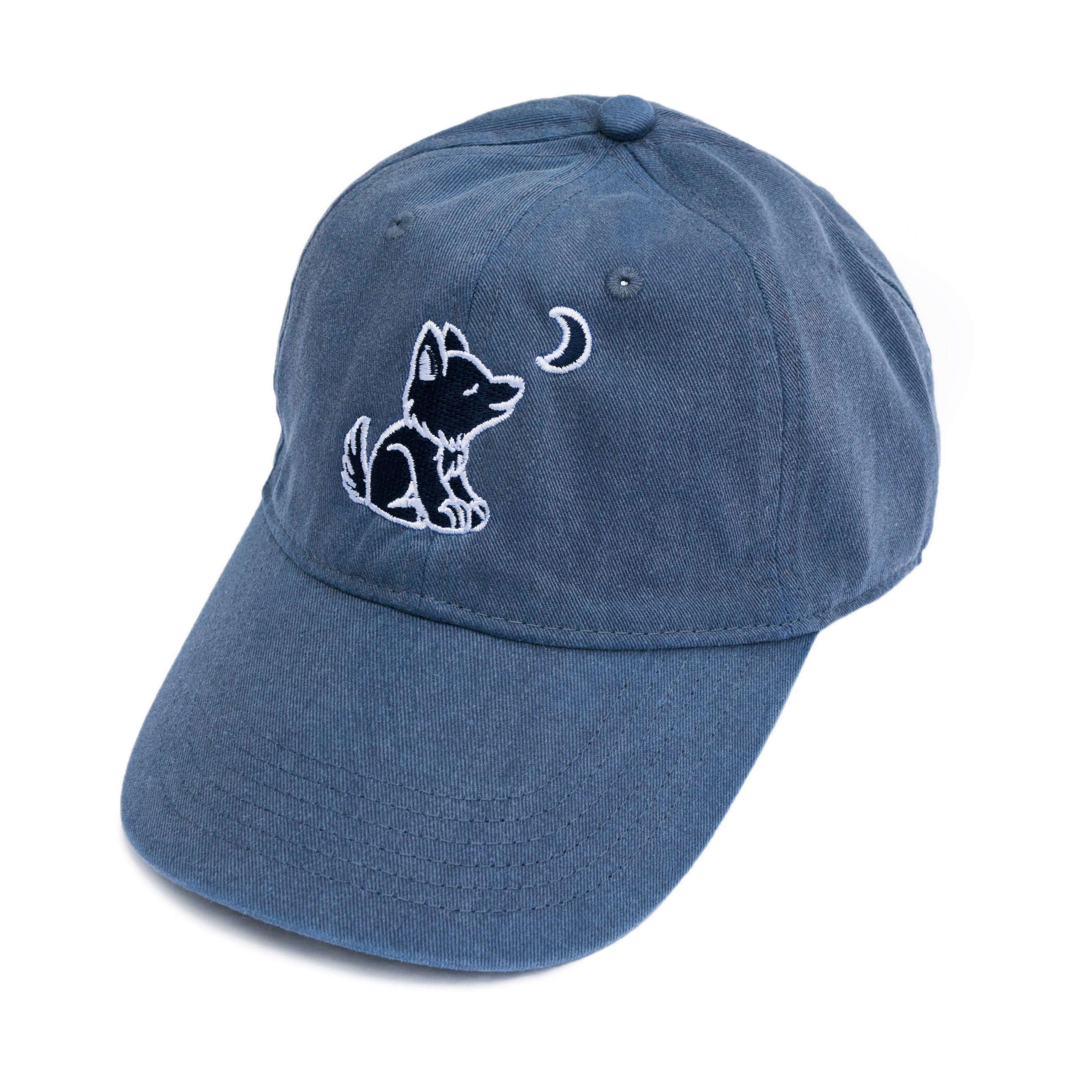 Denim Blue Baseball Cap with Embroidered Wolf Logo in White & Navy Blu ...