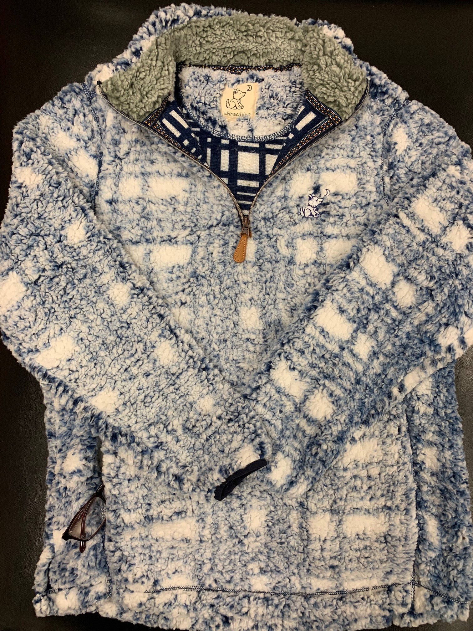 Navy Blue Plaid Sherpa with Whimsical Wolf Logo