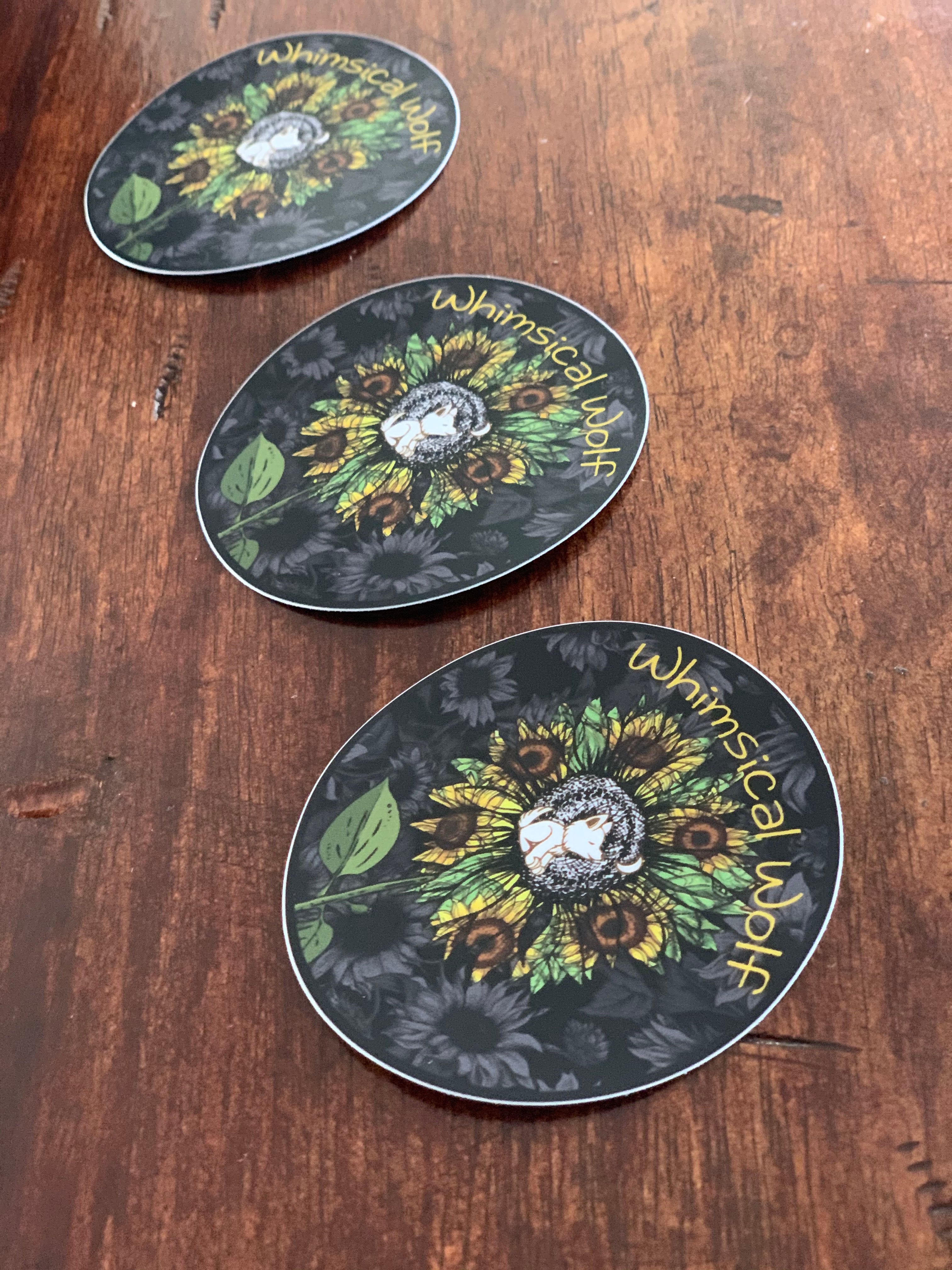 Sunflower Circular Whimsical Wolf Sticker